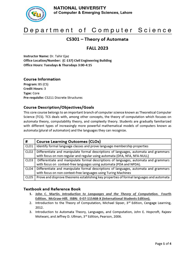 Course Outline Fall 2023 | PDF | Automata Theory | Theory Of Computation