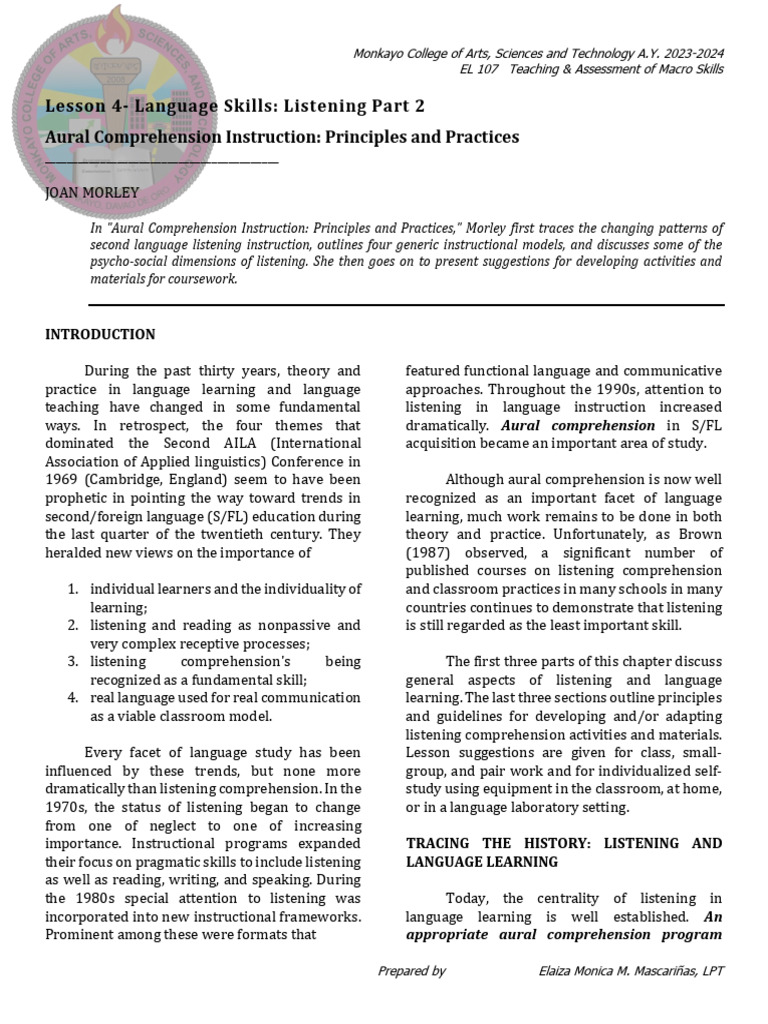 Lesson 4 - Language Skills - Listening Part 2 | PDF | Top Down And ...