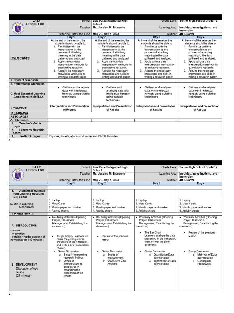 Grade 12 Data Interpretation Lesson Plan | PDF | Data | Learning
