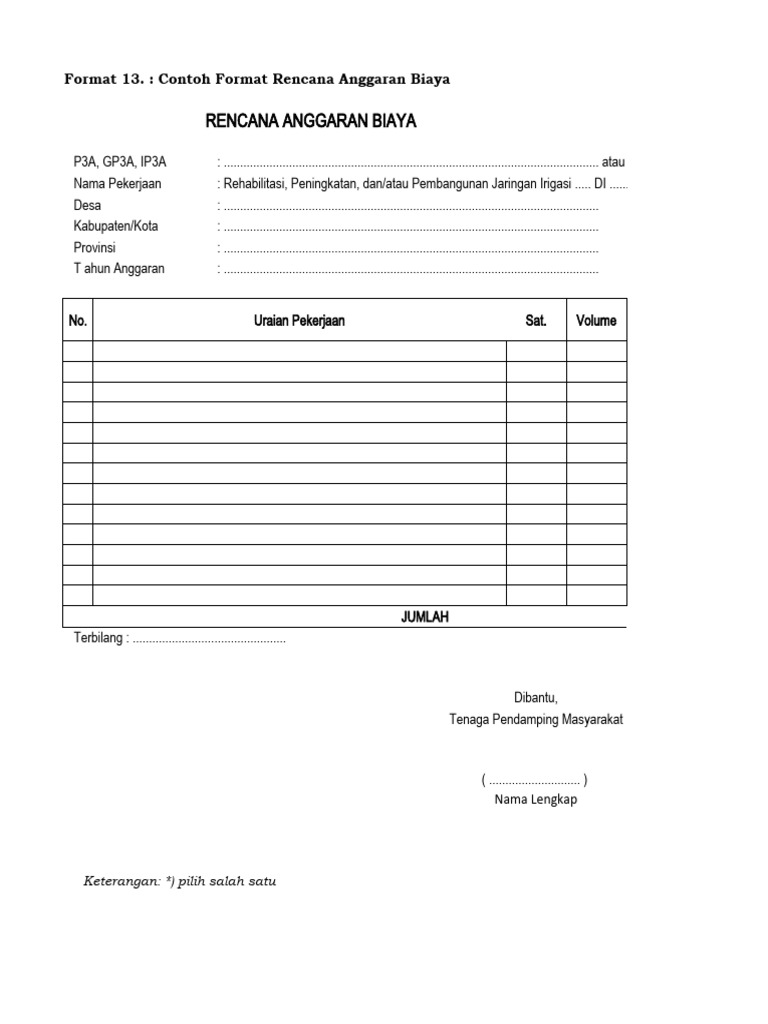 Format 13 - Contoh Format Rencana Anggaran Biaya | PDF