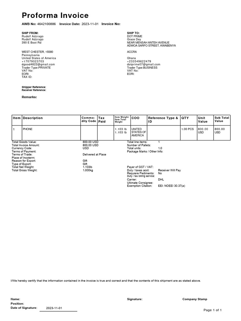 Proforma Invoice for Shipment to Ghana | PDF | Value Added Tax | Invoice
