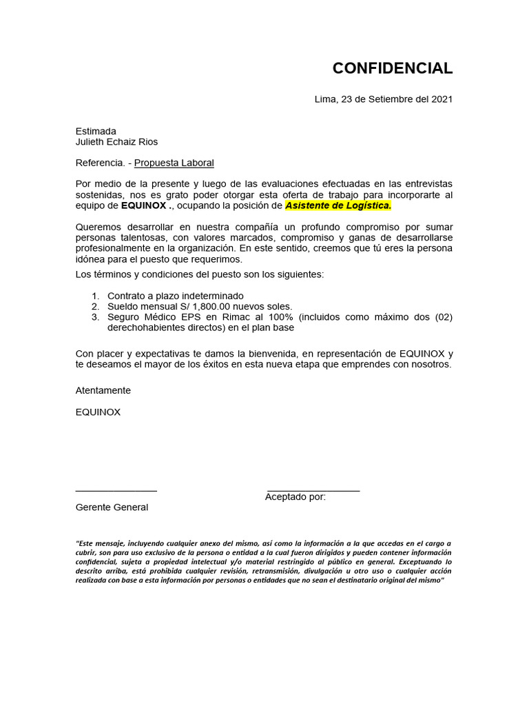 Carta Oferta Laboral | PDF