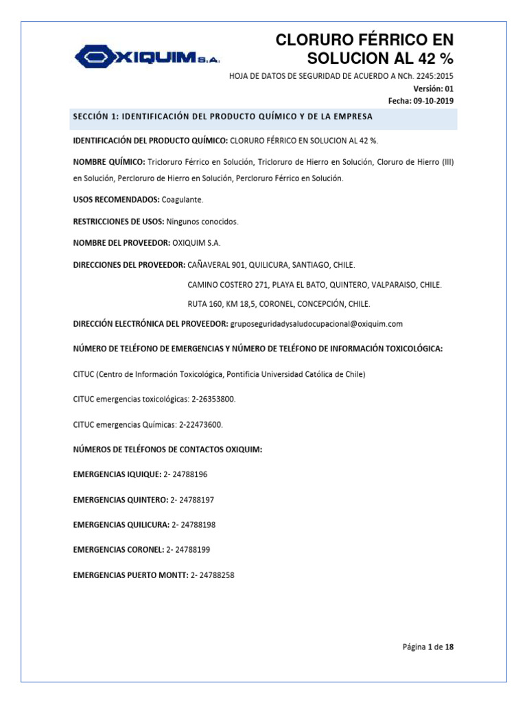 HDS Cloruro Ferrico en Solucion Al 42 | PDF | Química | Materiales