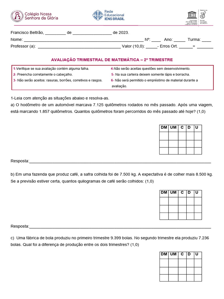 Avaliação Adaptada De Matemática Pdf Matemática Science 7773