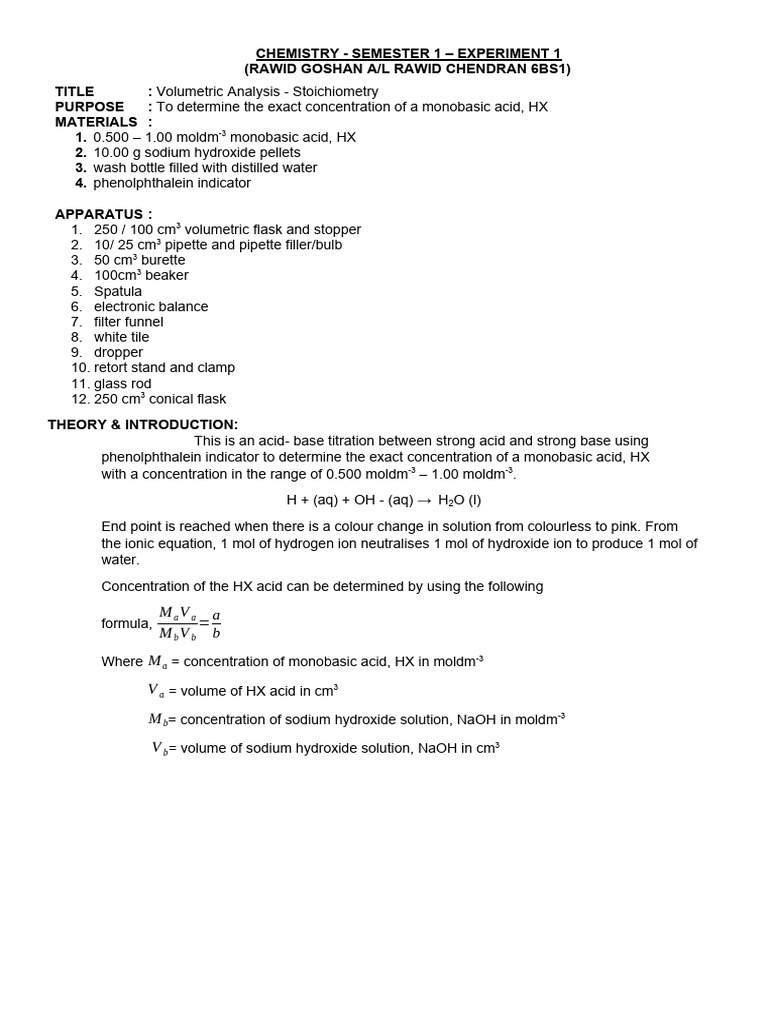 Chemistry - Semester 1 - Experiment 1 | PDF | Titration | Chemistry