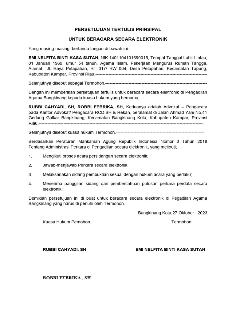 Persetujuan Tertulis Prinsipal | PDF