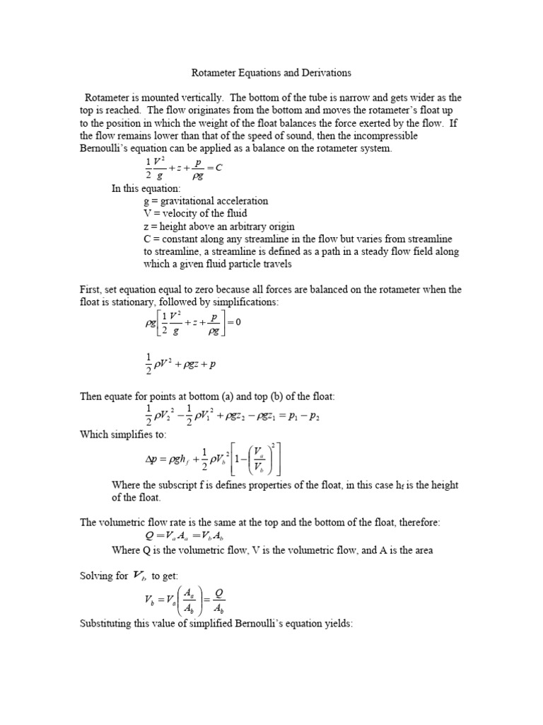 Rotameter Equations and Derivations | PDF | Fluid Mechanics | Fluid ...