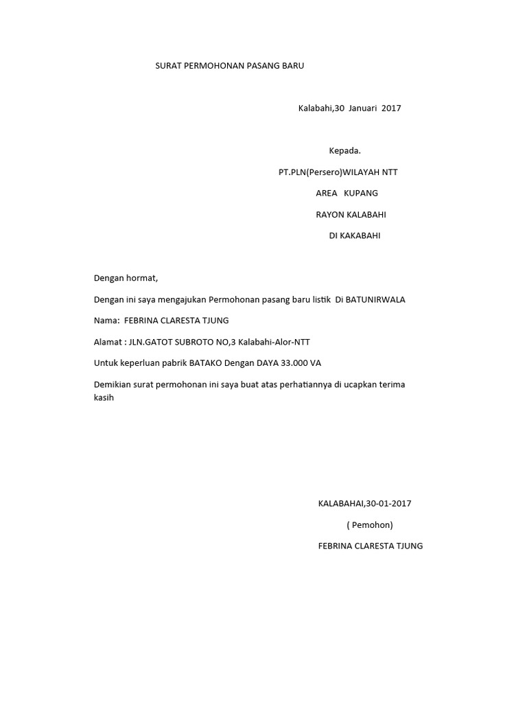 Surat Permohonan Pasang Baru | PDF