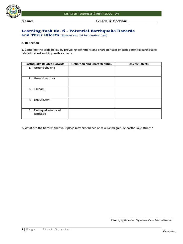 DRRR Learning Task No. 4 1st QTR | PDF | Hazards | Earthquakes