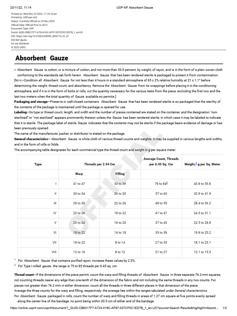 USP-NF Guidelines for Absorbent Gauze | PDF | Water | Sulfuric Acid