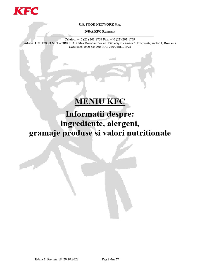KFC Menu Informatii Sup | PDF