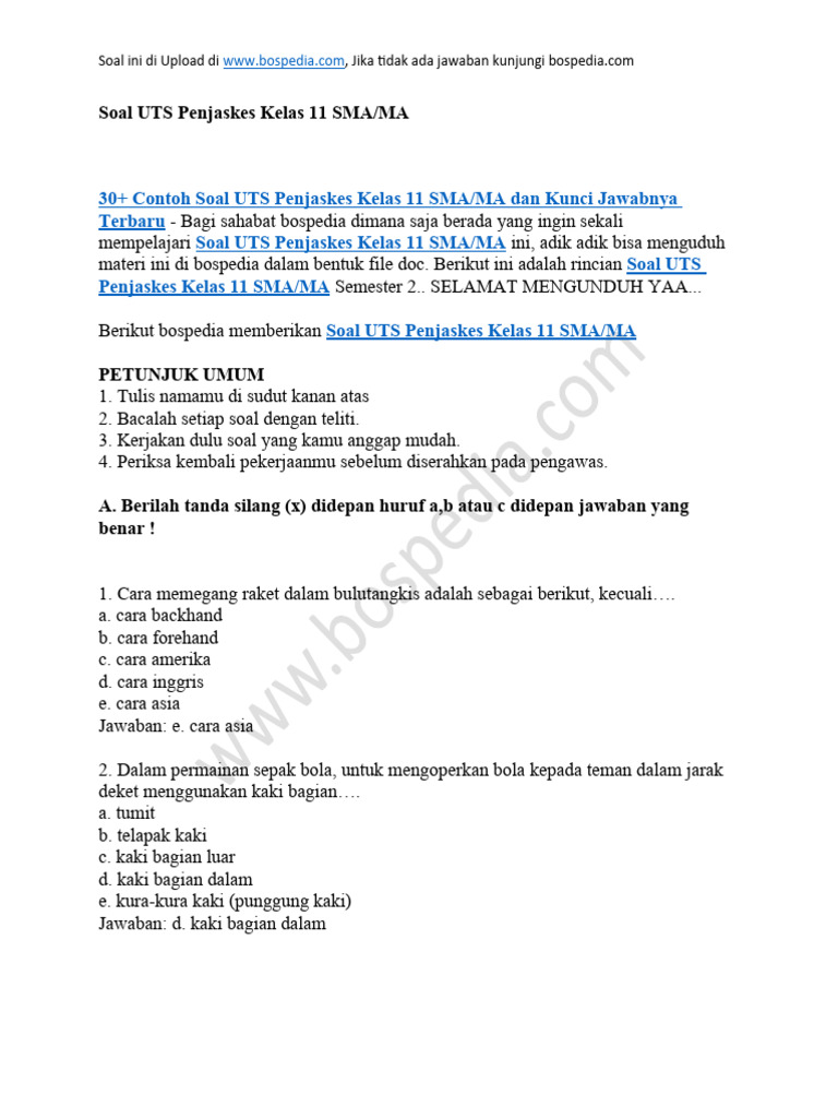 30+ Contoh Soal UTS Penjaskes Kelas 11 SMA MA Dan Kunci Jawabnya | PDF 30+ Contoh Soal UTS Penjaskes Kelas 11 SMA MA Dan Kunci Jawabnya | PDF
