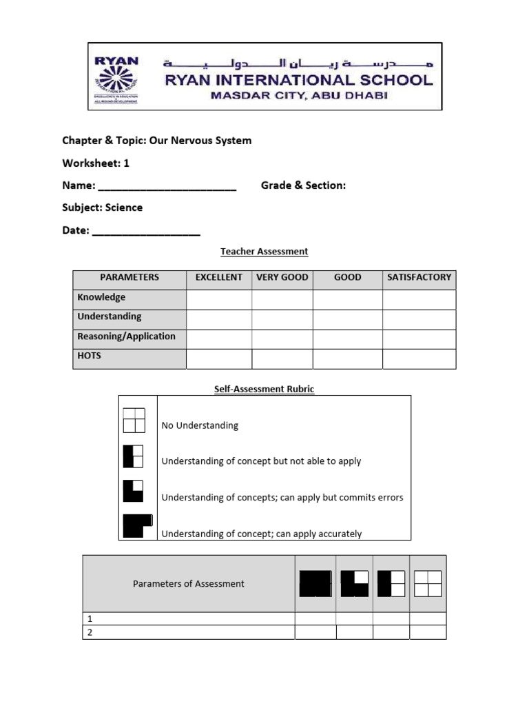 Chapter & Topic: Our Nervous System Worksheet: 1 Name: - Grade & Section: Subject: Science Date ...