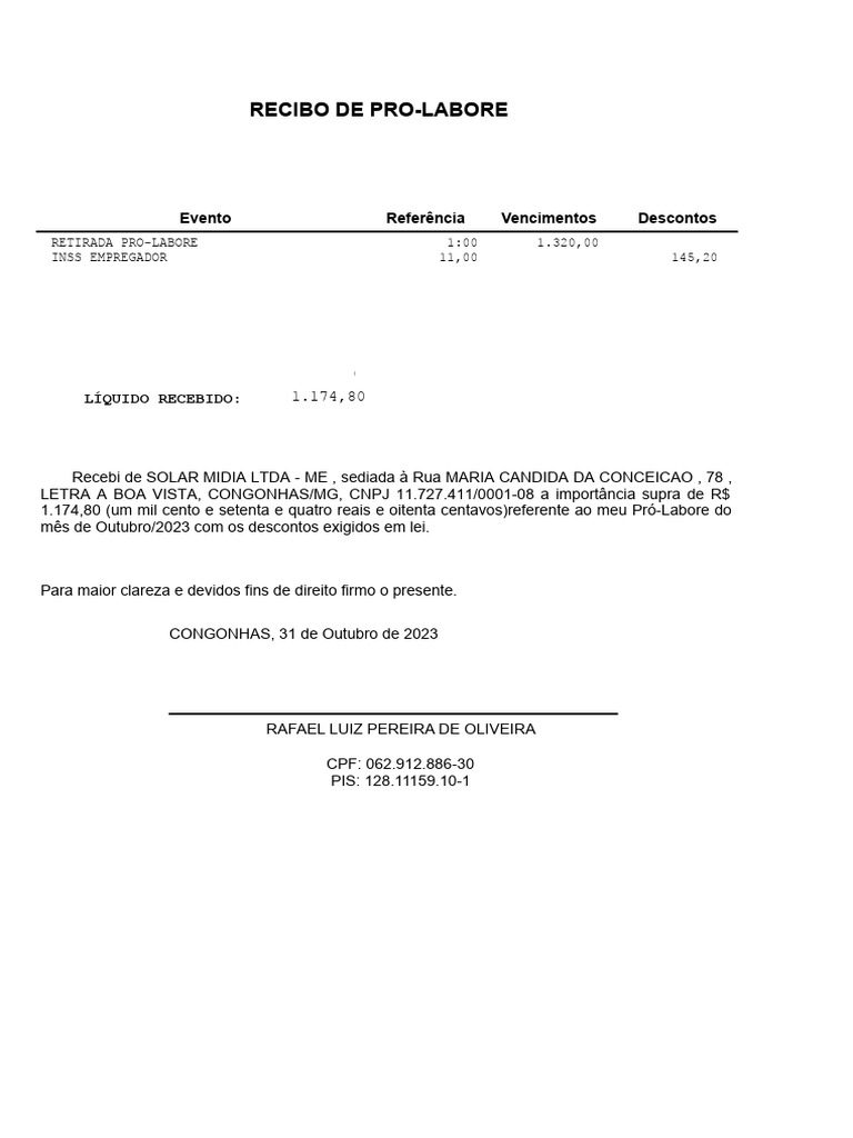 Recibo de Pro Labore 10-2023 | PDF