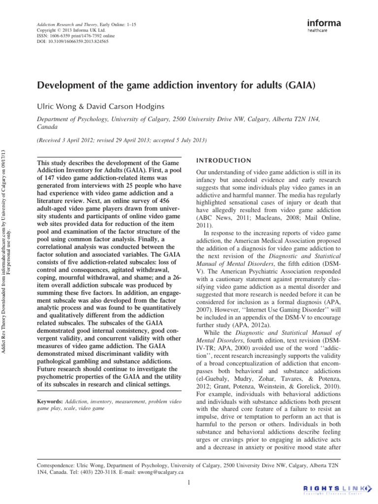 Gaming Addiction Inventory For Adults Manuscript | PDF | Substance Use ...