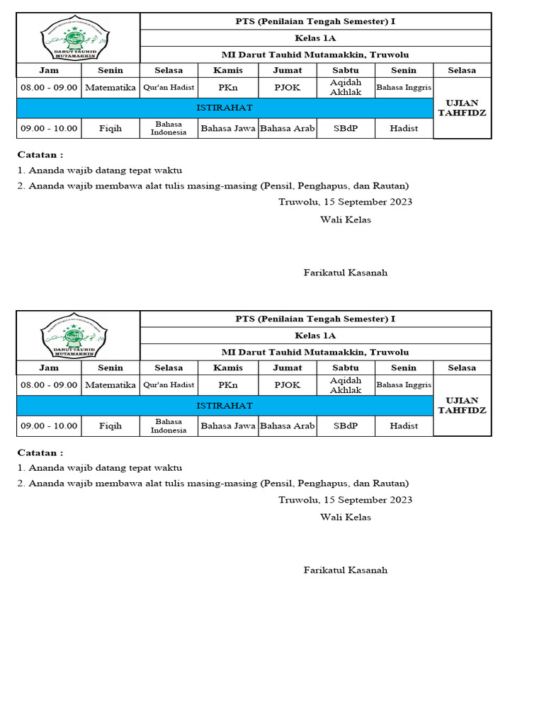 Jadwal Uts SMT 1 2023-2024 | PDF