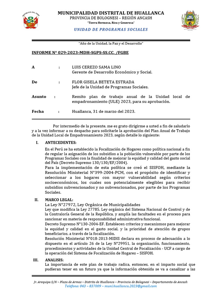 Plan Anual ULE 2023 para SISFOH | PDF | Gobierno