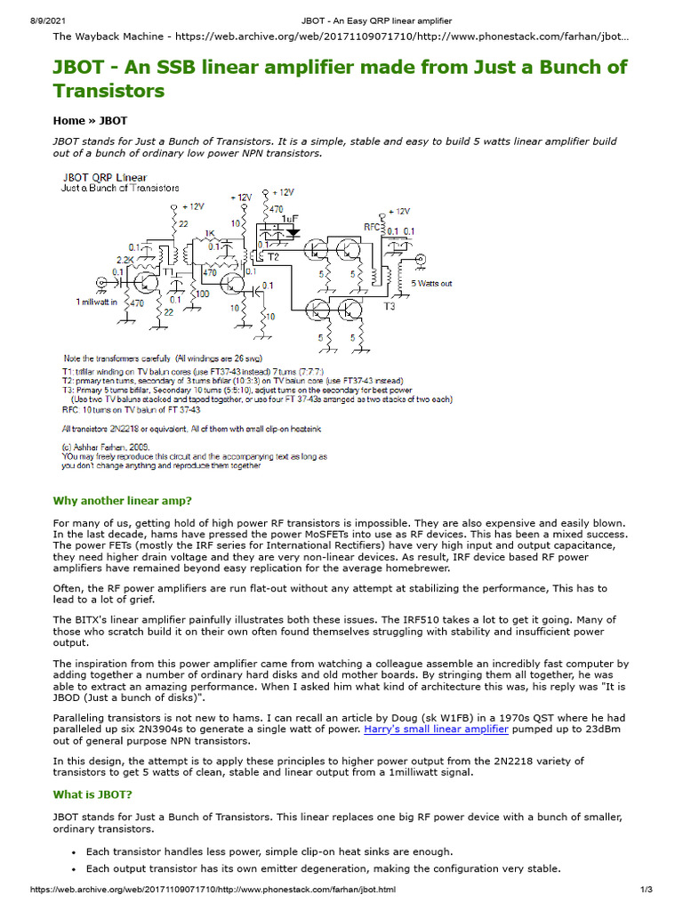 JBOT - An Easy QRP Linear Amplifier | PDF | Amplifier | Transistor