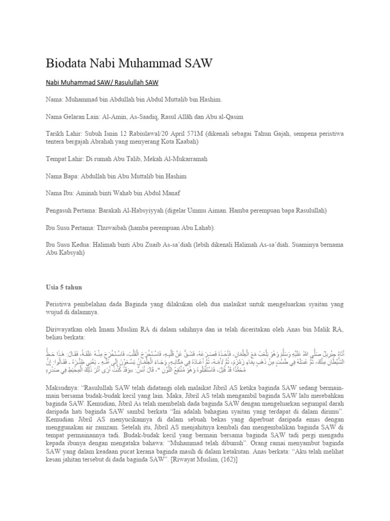 Biodata Lengkap Nabi Muhammad SAW | PDF | Agama & Spiritualitas