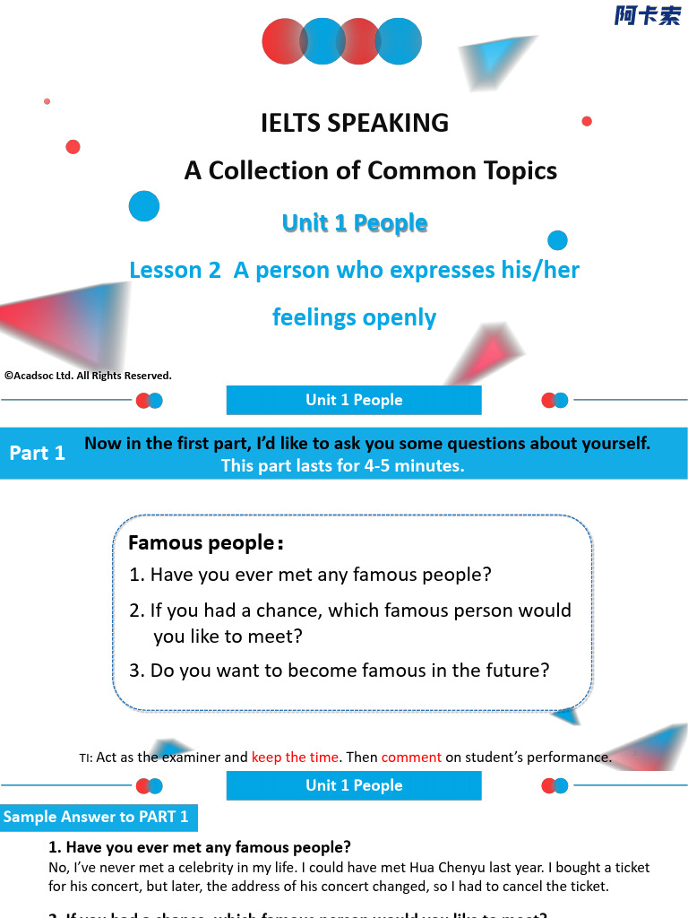 Ielts Speaking A Collection of Common Topics: Unit 1 People Lesson 2 A ...