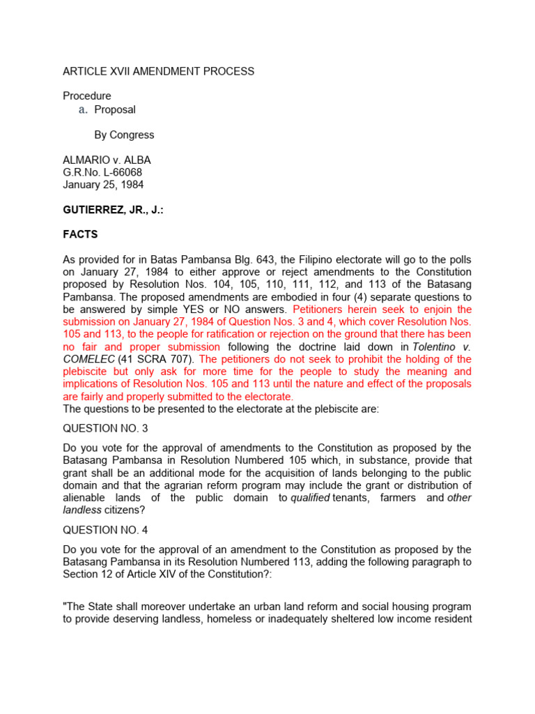 Almario Vs Alba (Amendment Process) | Download Free PDF | Constitutional Amendment | Ratification