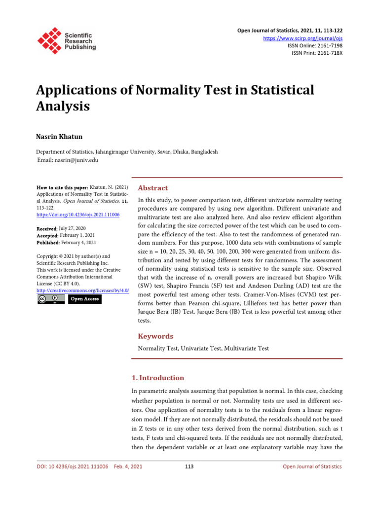 Khatun (2021) - Applications of Normality Test in Statistical Analysis ...