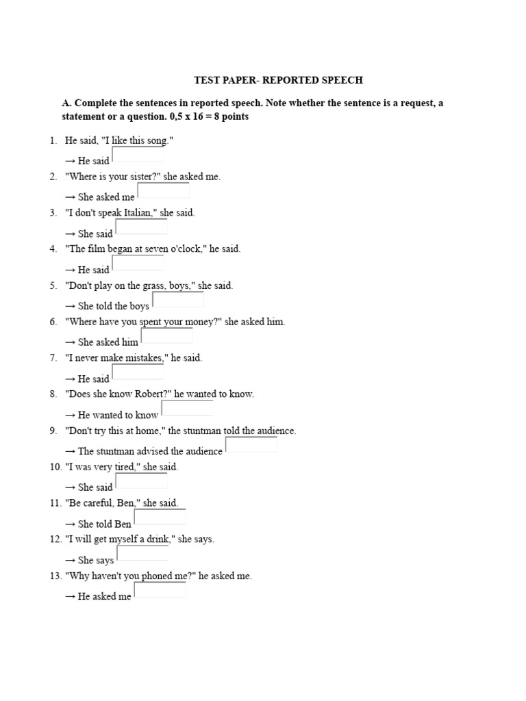 Reported Speech Practice Test Pdf