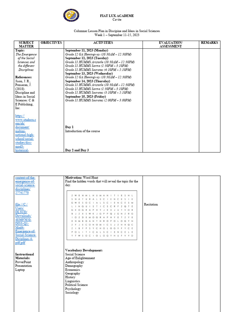 (edited) DISS Lesson Plan WEEK 1 | PDF | Sociology | Psychology
