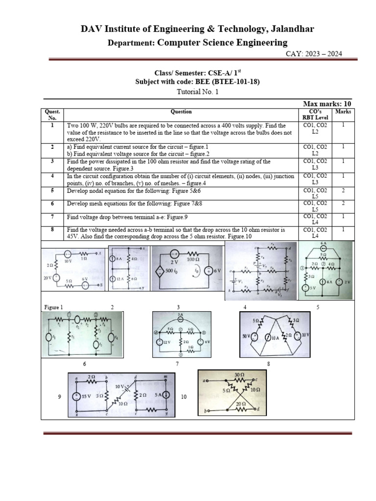 BEE Tutorial | PDF | Electrical Network | Resistor