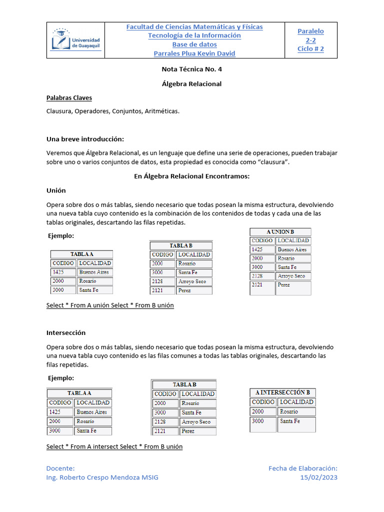 Álgebra Relacional | PDF | Base de datos relacional | Bases de datos