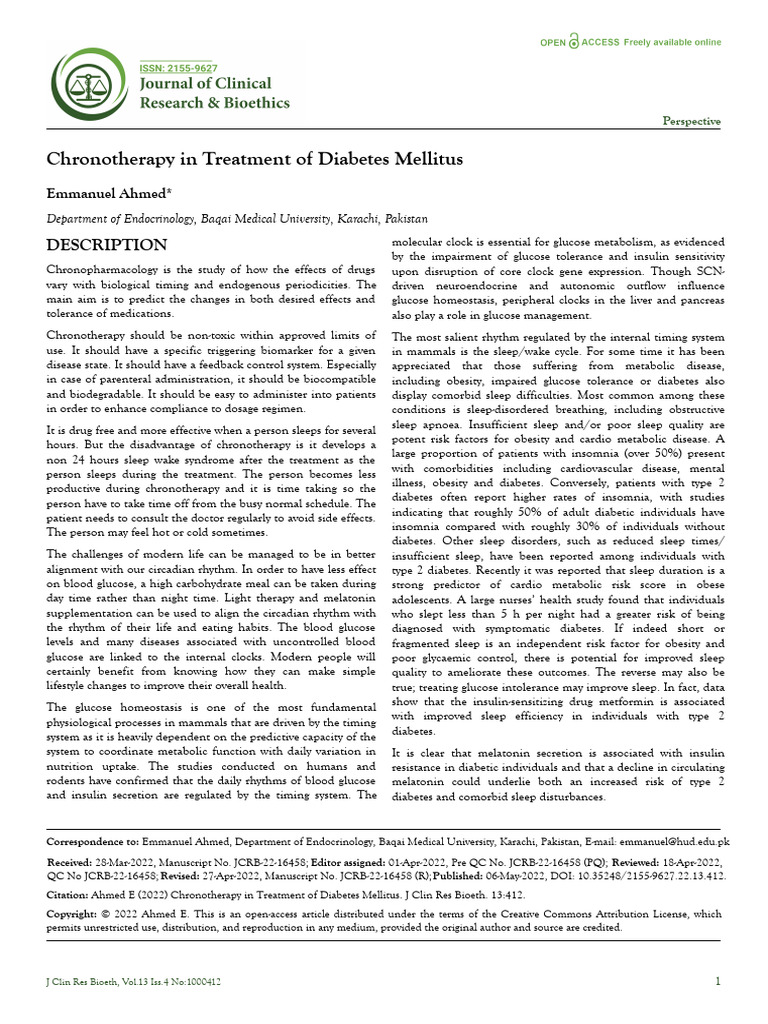 Chronotherapy in Treatment of Diabetes Mellitus | PDF | Sleep ...