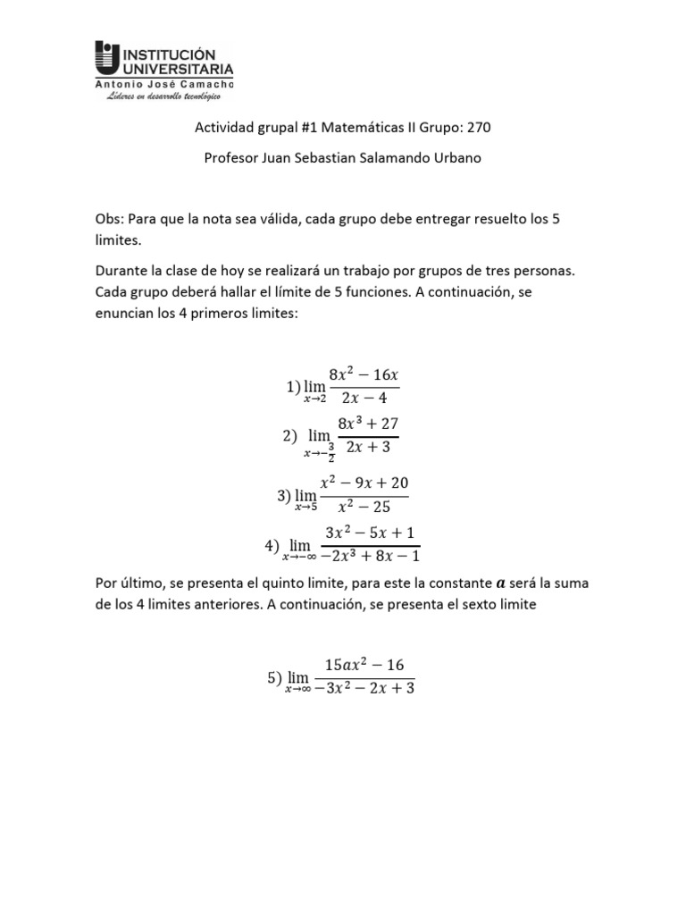 Actividad Grupal 1 Matematicas II 270 | PDF