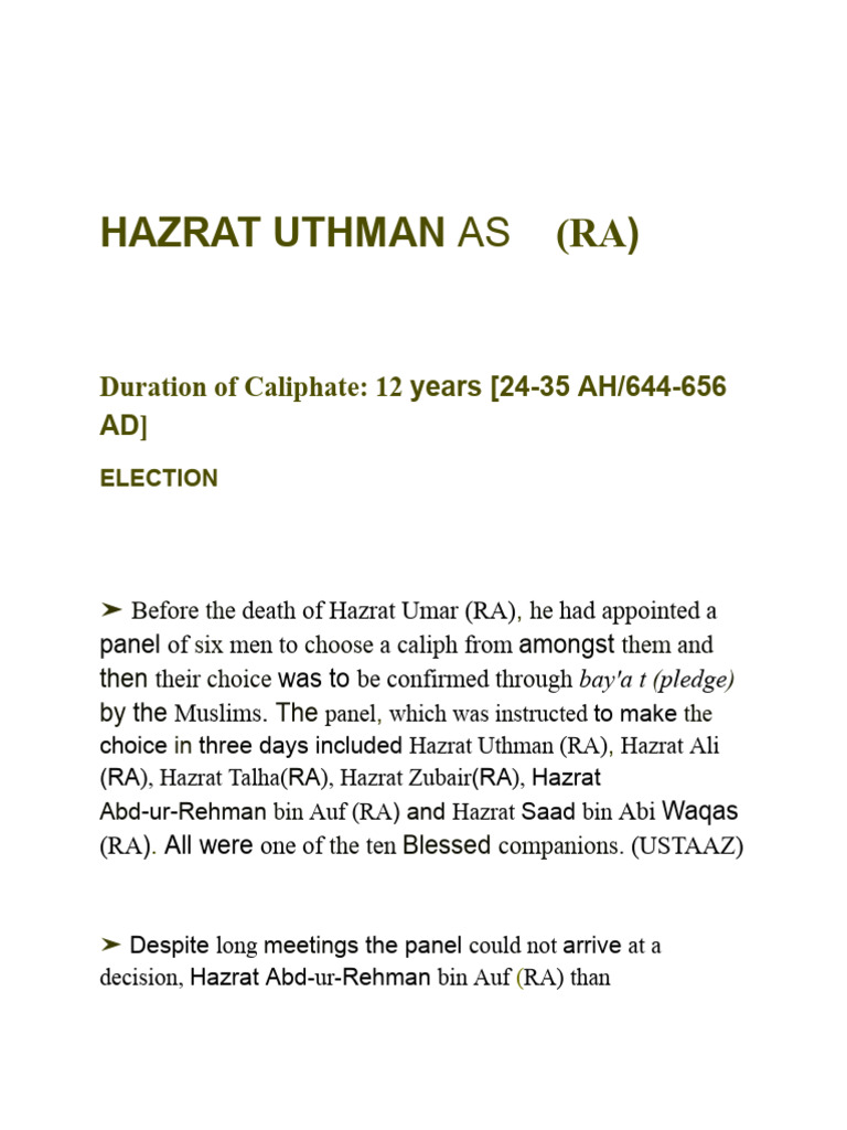 Hazrat Uthman As Caliph | PDF | Ali | Caliphate