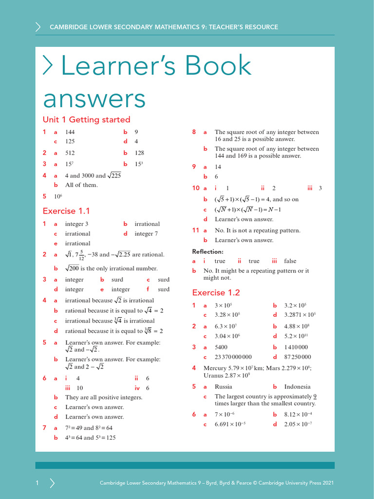 ANS YEAR 9 CAMBRIDGE Mathematics Book 9 - Ans | PDF | Length | Rational ...
