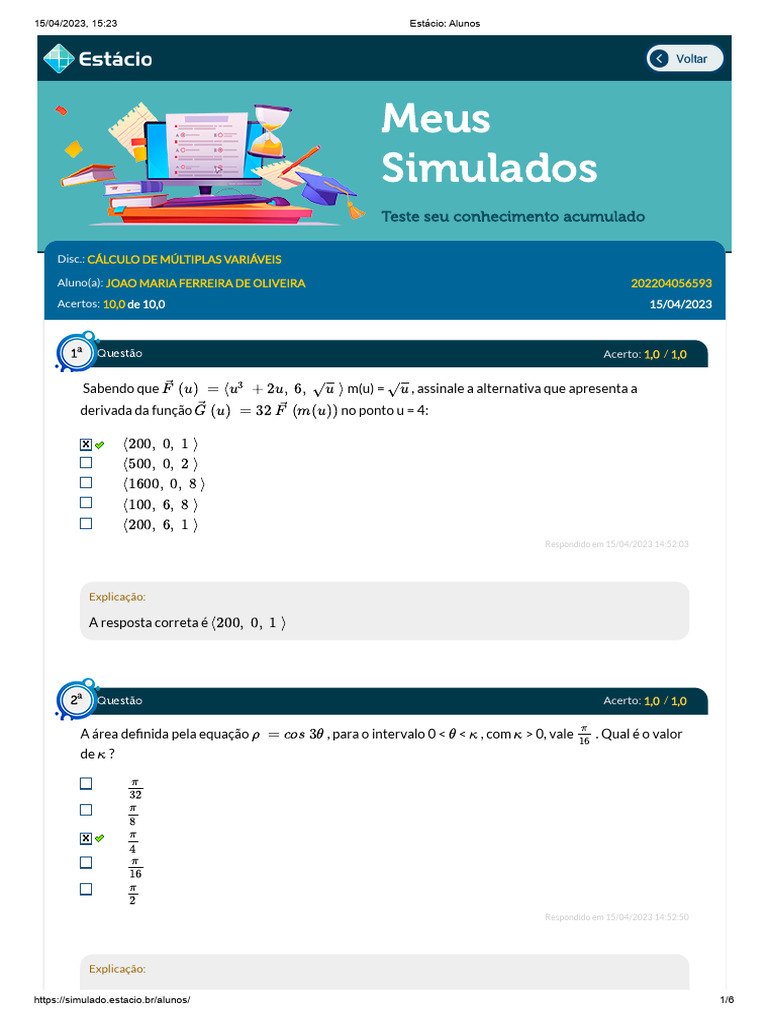 1 Simulado Calculo de Multipas Variaveis - Estacio - 2023 | PDF ...
