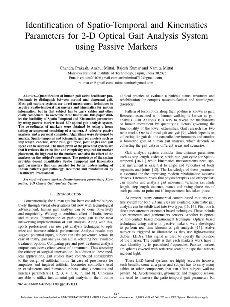 Identification Of Spatio Temporal And Kinematics Parameters For 2 D