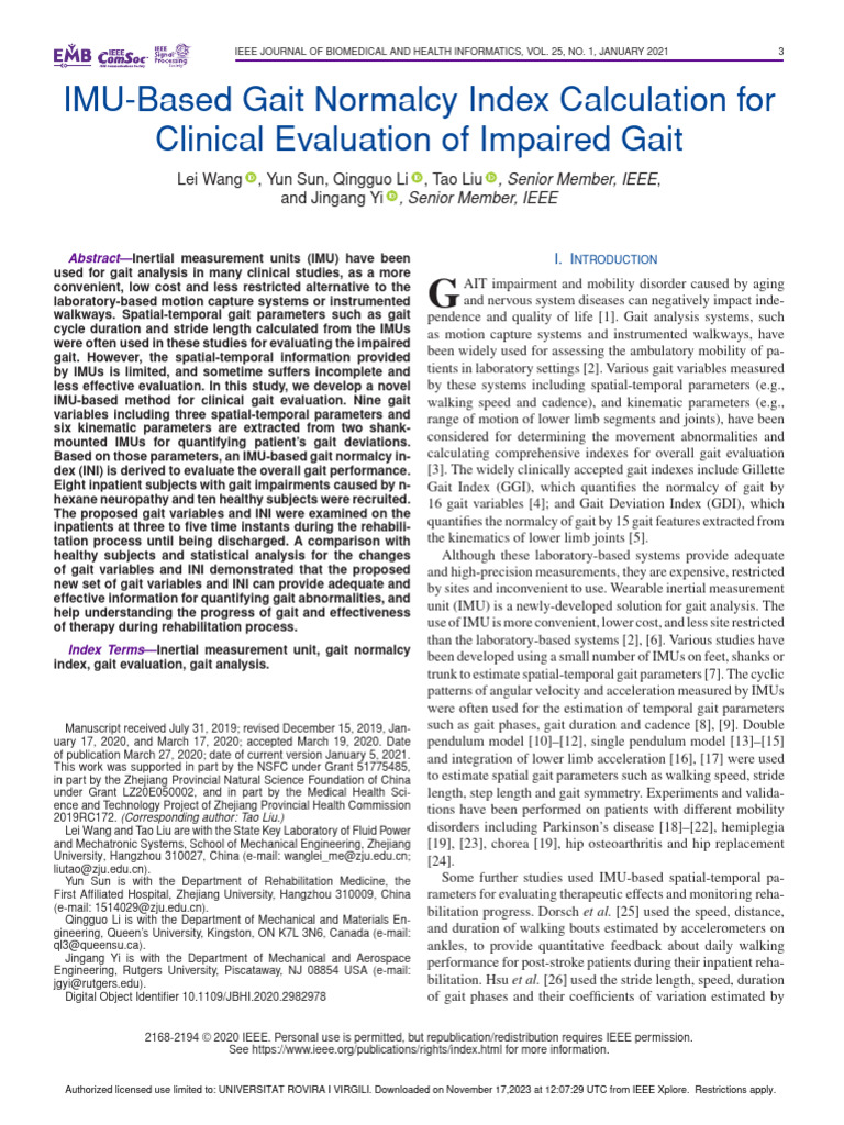 IMU-Based Gait Normalcy Index Calculation For Clinical Evaluation of Impaired Gait | PDF ...