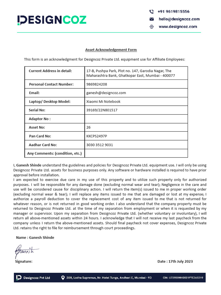 Asset Acknowledgement Form - Ganesh Shinde | PDF | Business | Finance ...