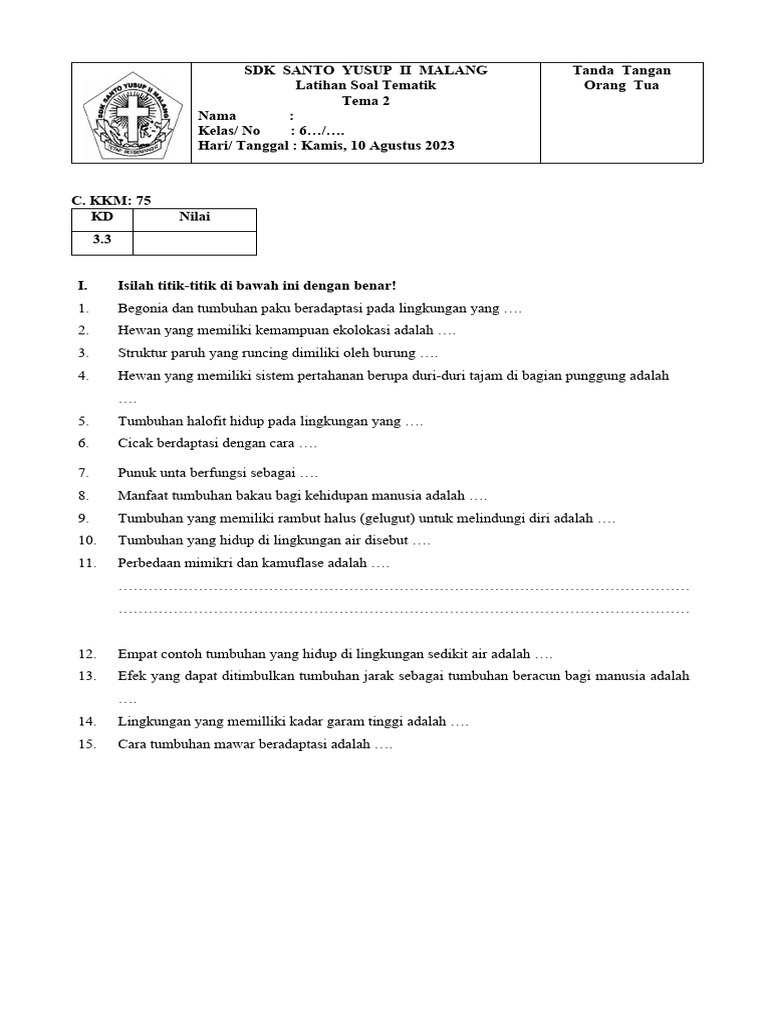 Latihan Soal PH Tematik Tema 2 (Ipa+ips) | PDF