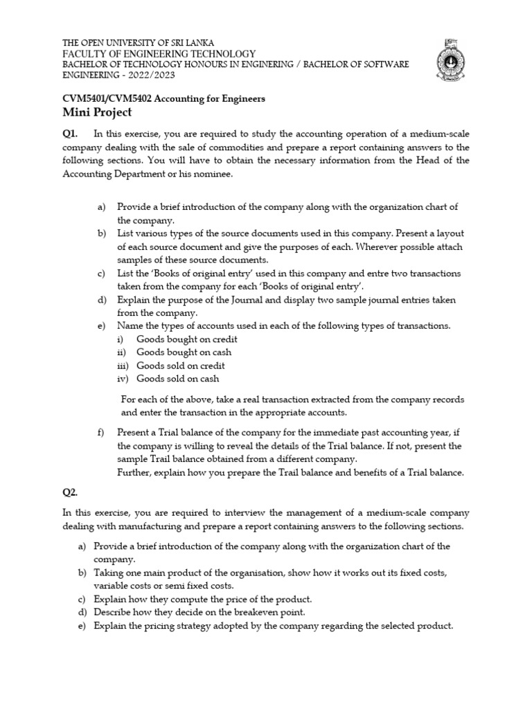 Accounting For Engineers - Mini Project 2022-2023 Final | PDF ...