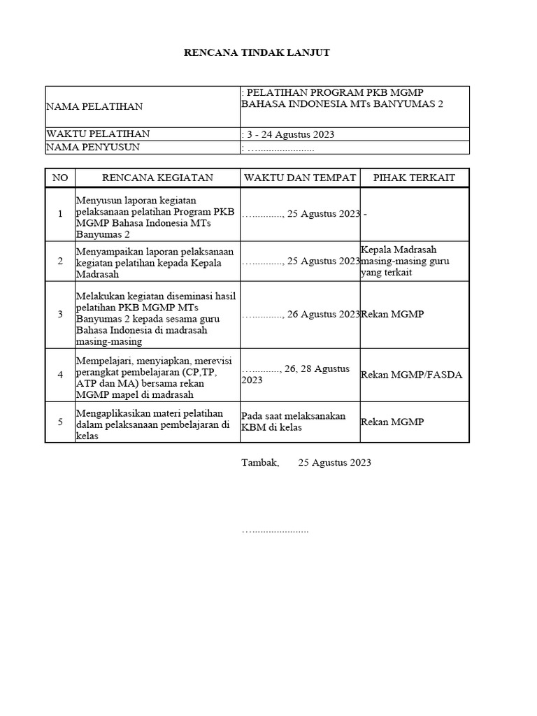 Rencana Tindak Lanjut Pelatihan MGMP | PDF