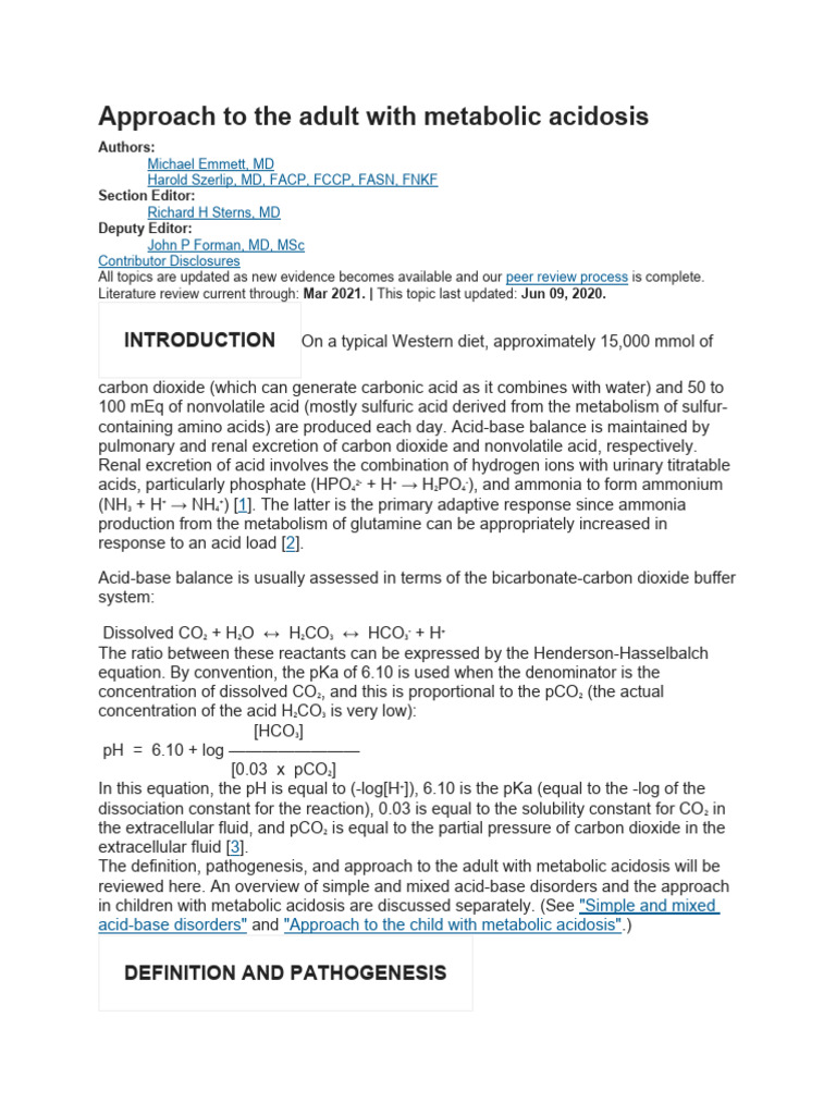 Approach To The Adult With Metabolic Acidosis Pdf Bicarbonate Buffer Solution