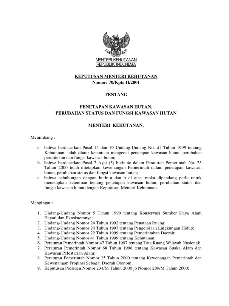 Kepmenhut No.70 Thn 2001 Ttg Penetapan Kawasan Hutan Perubahan Status Dan Fungsi Kawasan Hutan | PDF