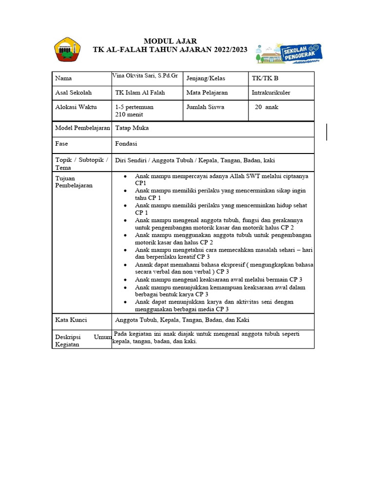 Modul Ajar Sub Topik Anggota Tubuh | PDF Modul Ajar Sub Topik Anggota Tubuh | PDF