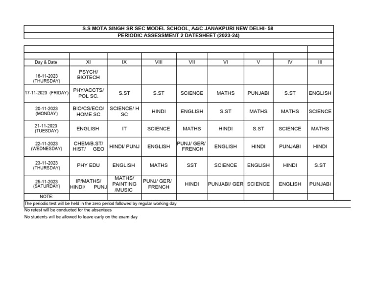 Periodic Assessment Datesheet 2023 | PDF