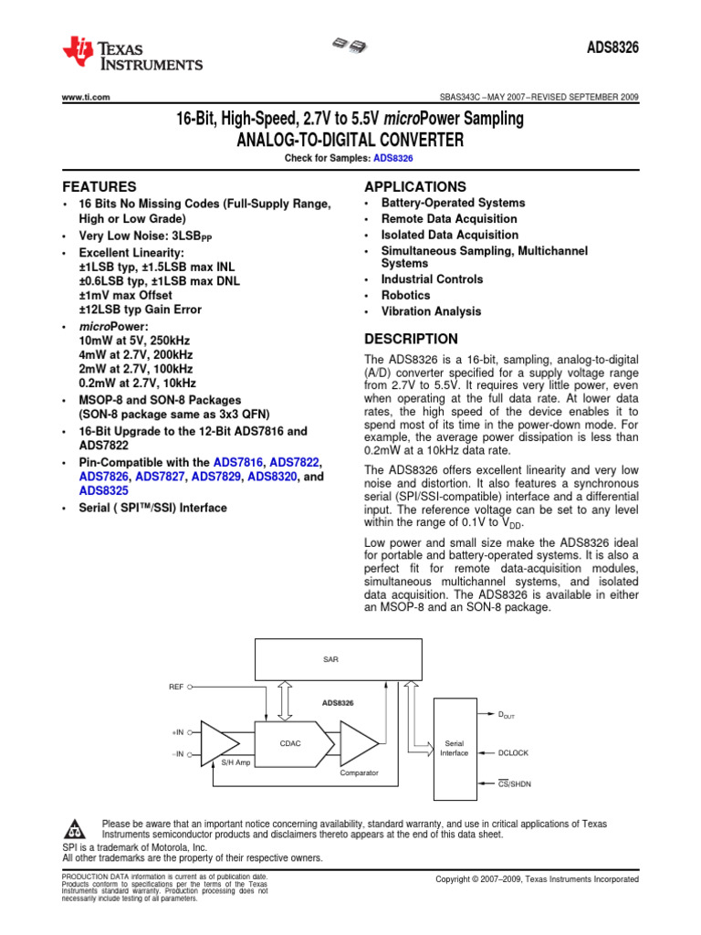 ADS8326 | PDF | Analog To Digital Converter | Signal To Noise Ratio