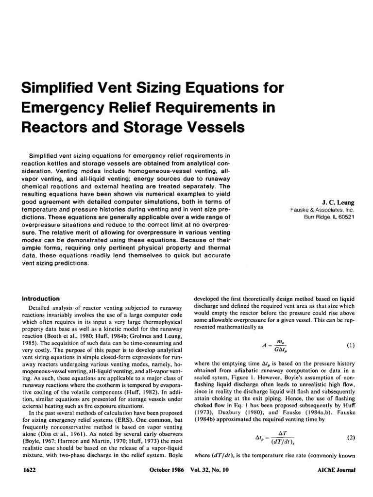 Simplified Vent Sizing Equations For Emergency Relief Requirements in ...