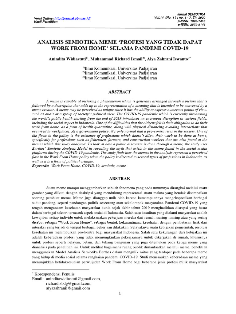 Analisis Semiotika Meme Profesi Yang Tidak Dapat Work From Home' Selama ...