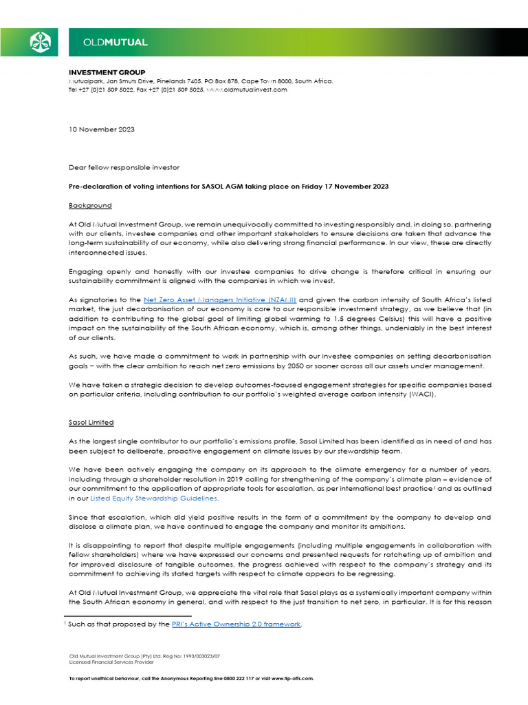OMIG - SOL AGM 2023 Voting Predeclaration - Letter To Industry Peers - Final | PDF | Investing ...