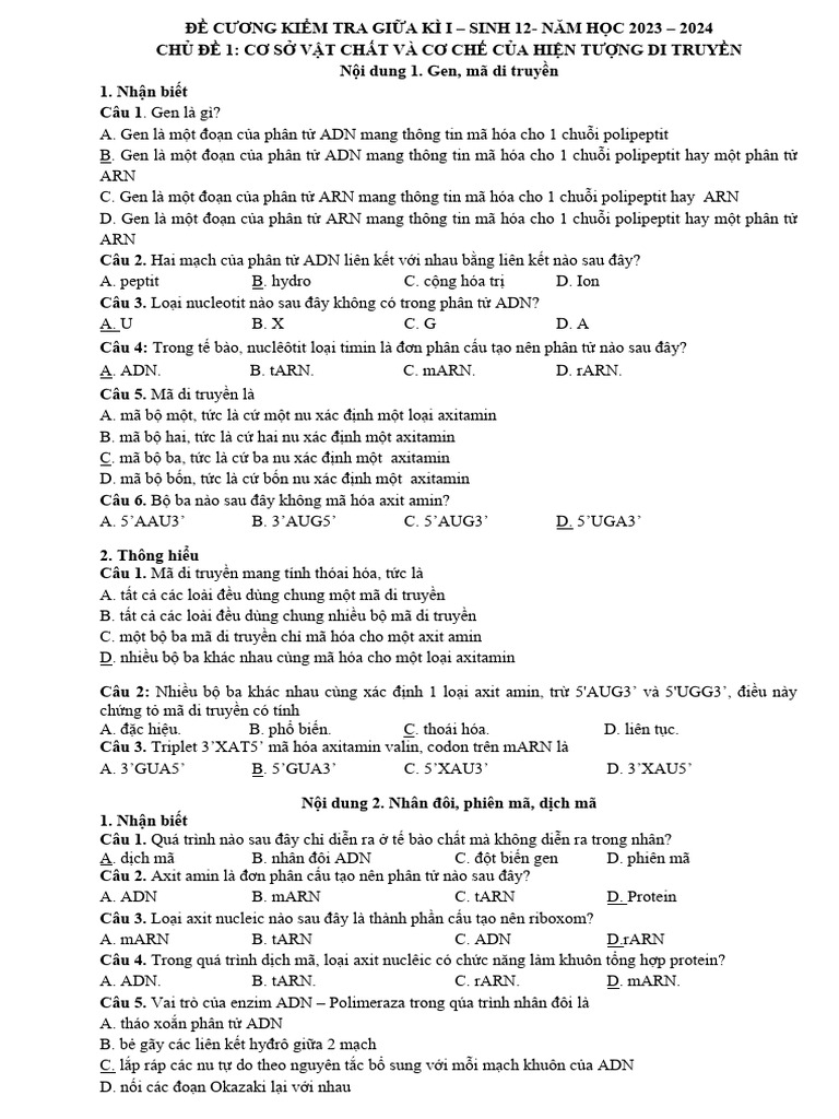 Đề Cương Sinh 12 Gki - NH 2023 - 2024 | PDF